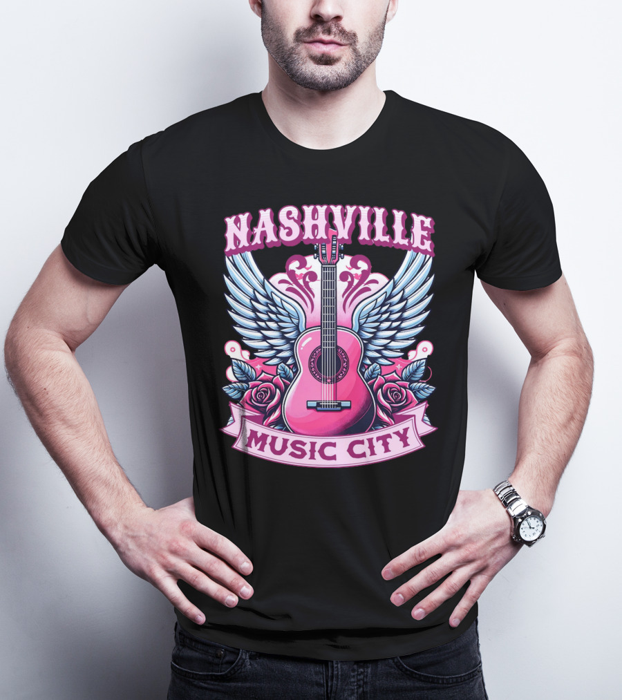 Nashville Music City Pink Guitar Wings Roses T-Shirt