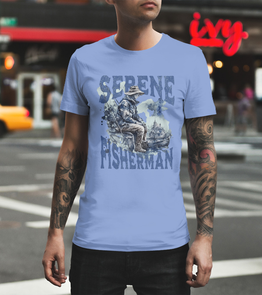 Serene Fisherman In Tranquil Lakeside Town With Boat And Reflection T-Shirt