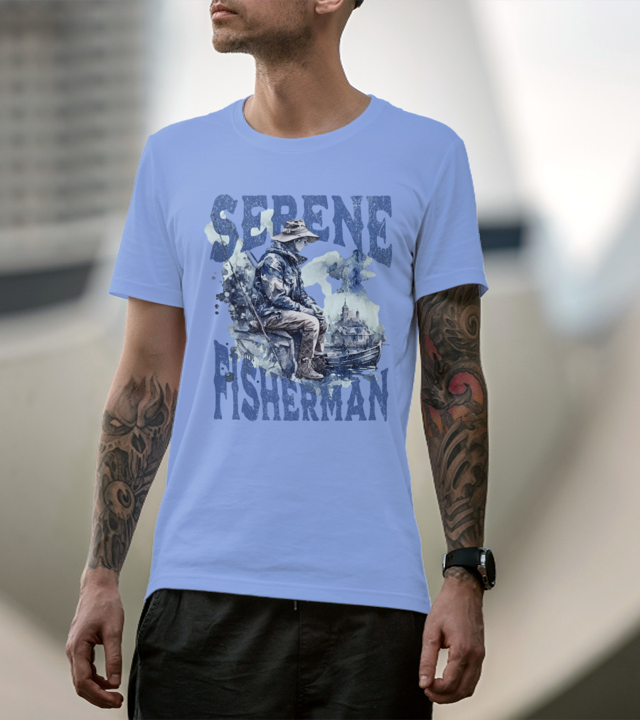 Serene Fisherman In Tranquil Lakeside Town With Boat And Reflection T-Shirt