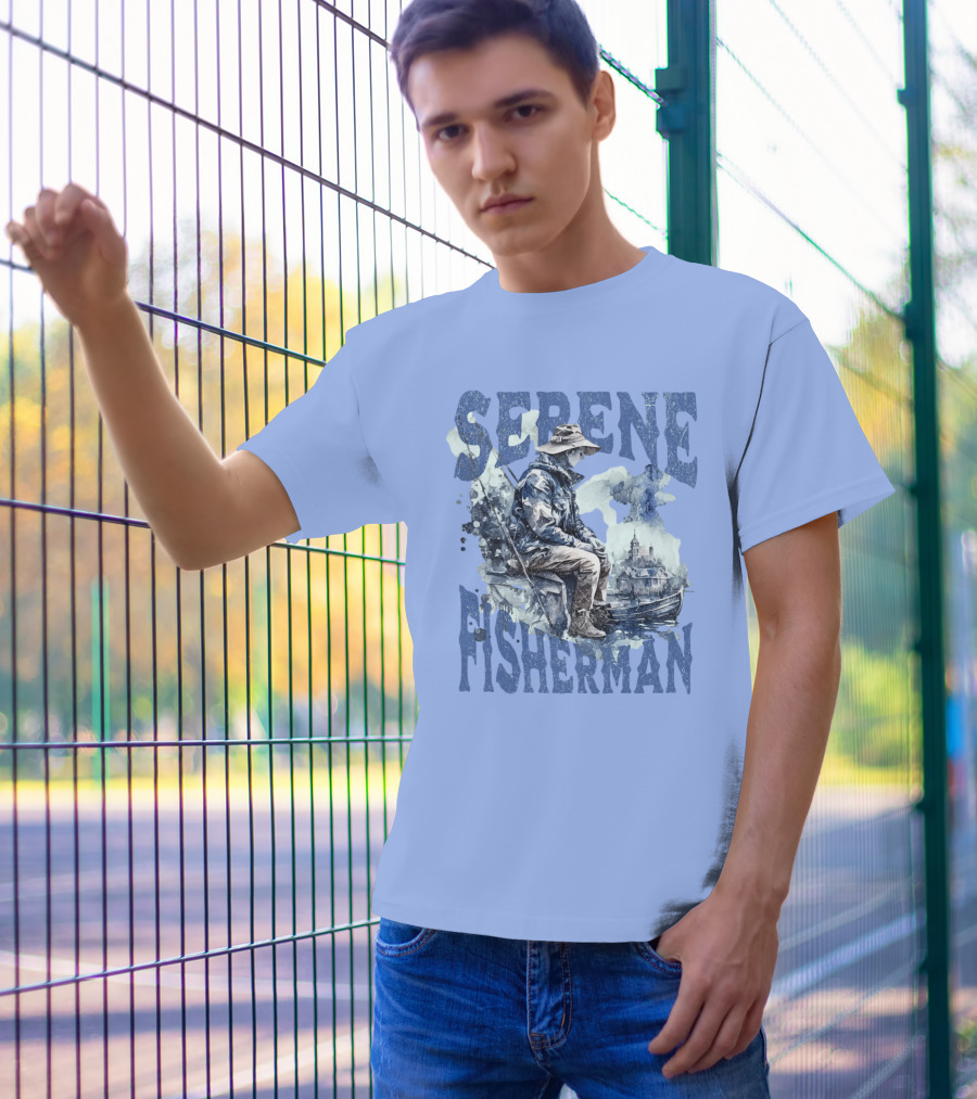Serene Fisherman In Tranquil Lakeside Town With Boat And Reflection T-Shirt