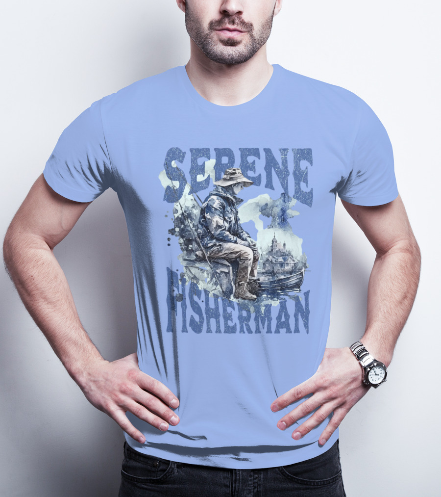 Serene Fisherman In Tranquil Lakeside Town With Boat And Reflection T-Shirt