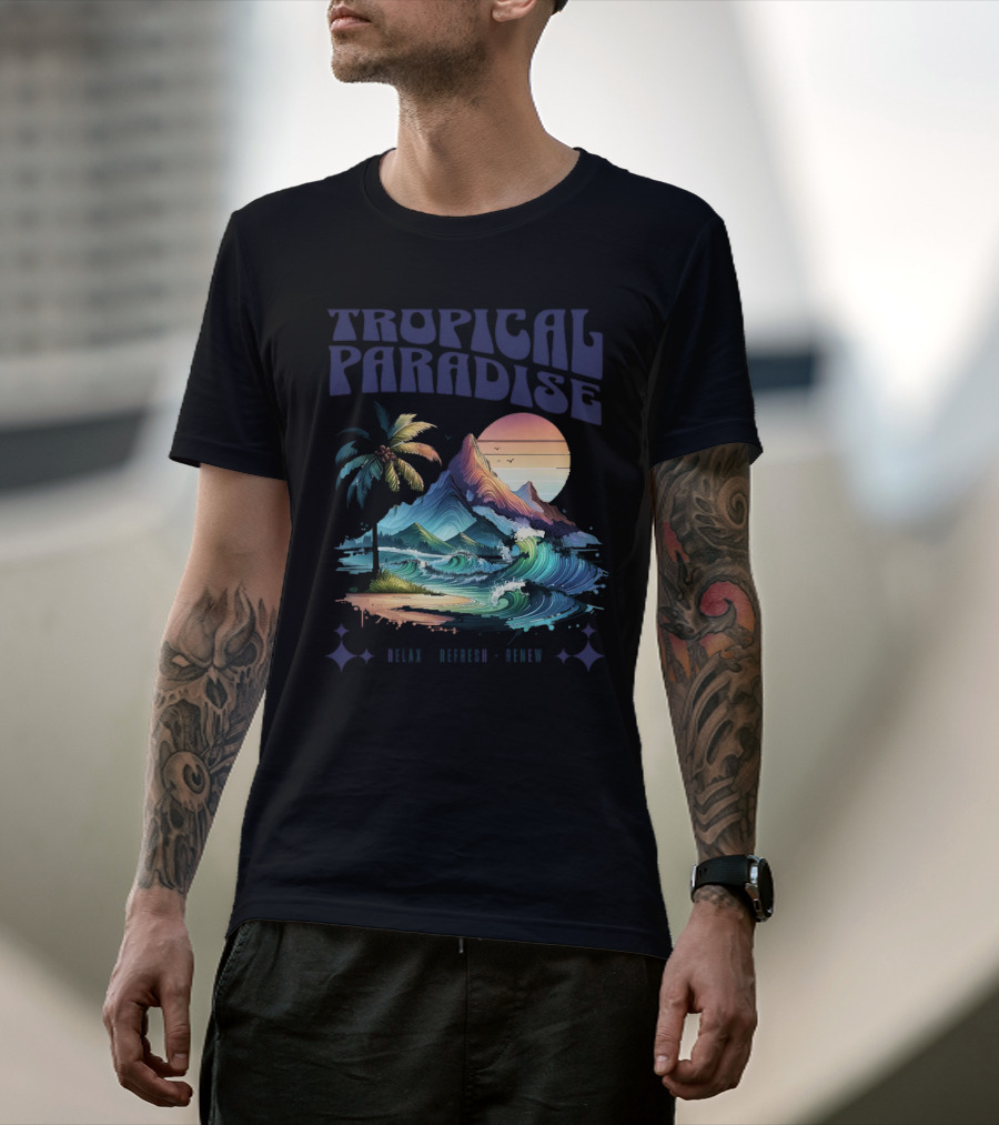 Tropical Paradise Palm Waves Island Horizon Sunset T-Shirt