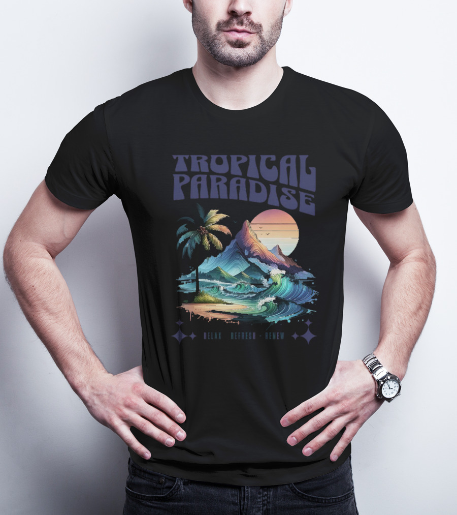 Tropical Paradise Palm Waves Island Horizon Sunset T-Shirt