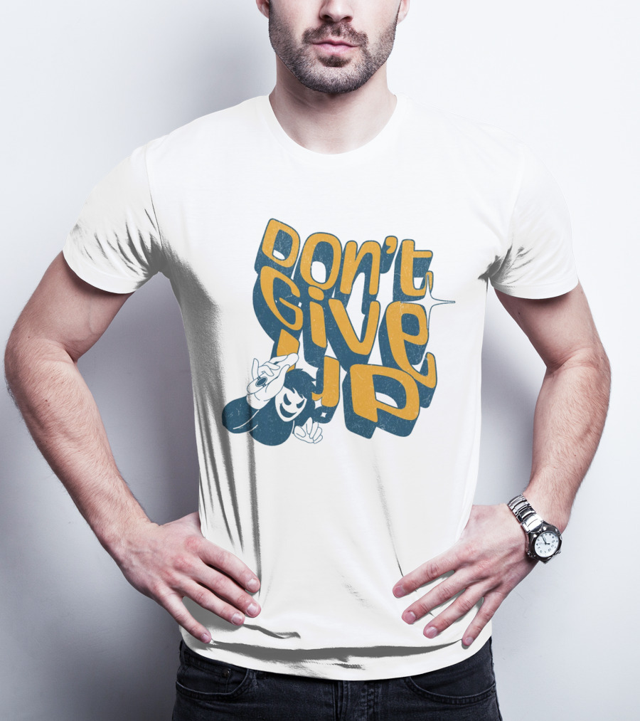 DON'T GIVE UP Retro Cartoon Hand Gesture Text T-Shirt
