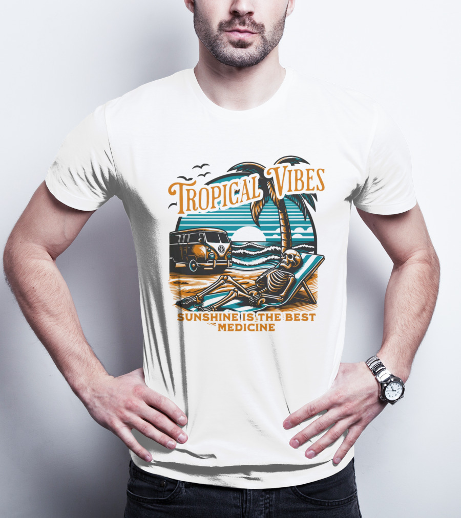 Tropical Vibes Sunshine Is The Best Medicine Skeleton Beach Van Sunset Scene T-Shirt