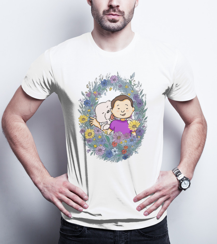 Dog Dad Cartoon Embrace In Floral Frame T-Shirt