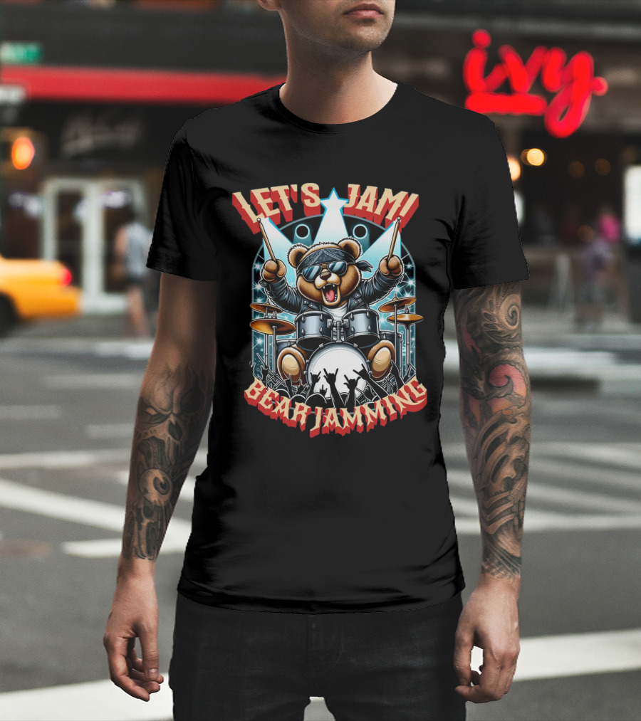 Let's Jam Bear Jamming Rock Drummer Concert Stage Electric Bear T-Shirt
