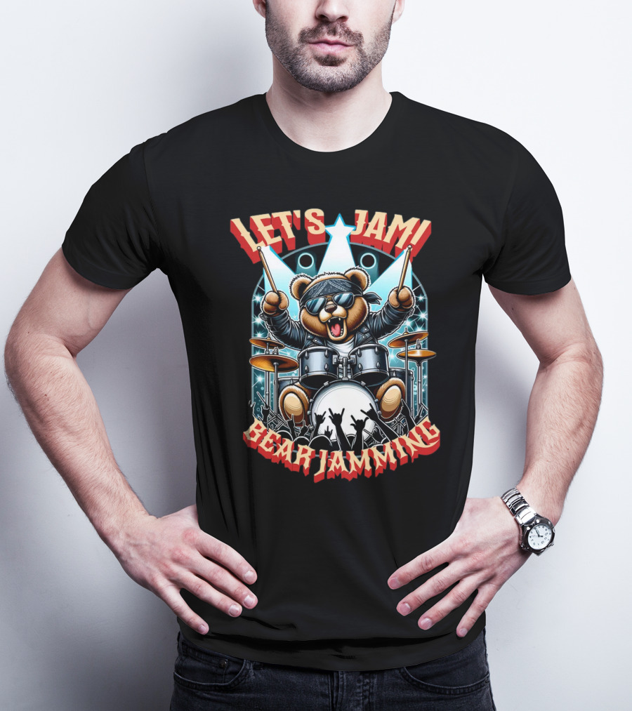 Let's Jam Bear Jamming Rock Drummer Concert Stage Electric Bear T-Shirt