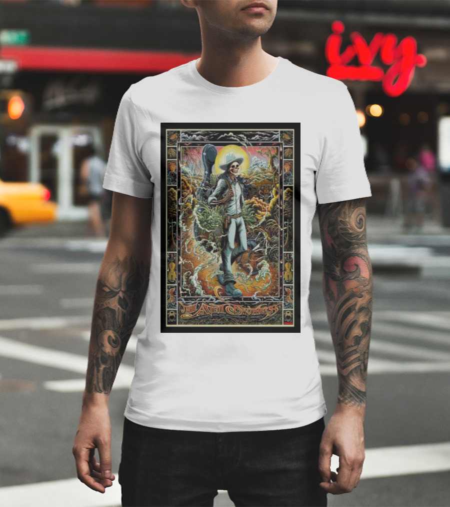 The Avett Brothers Skeleton Cowboy With Guitar And Sunburst Background Stanford T-Shirt