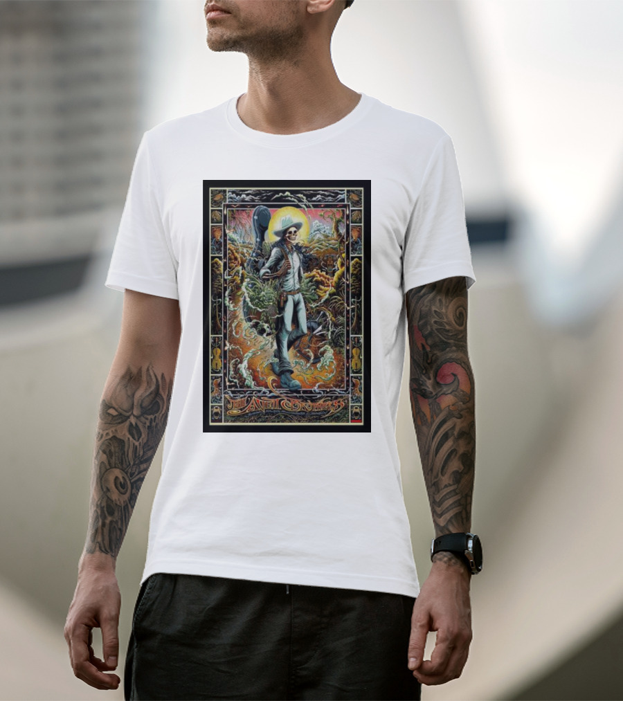 The Avett Brothers Skeleton Cowboy With Guitar And Sunburst Background Stanford T-Shirt