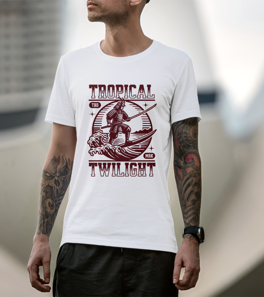 Tropical Twilight Surfing Samurai On Waves In Sunset Scene With TRD MRK T-Shirt