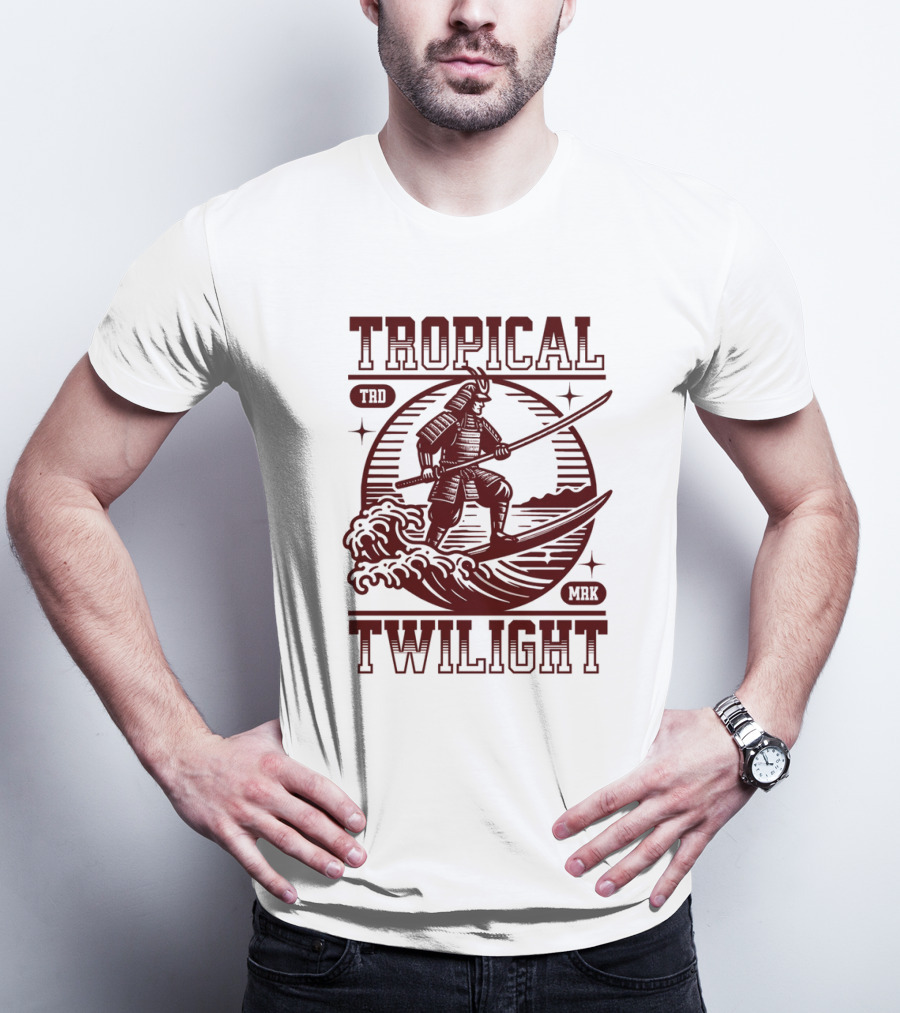 Tropical Twilight Surfing Samurai On Waves In Sunset Scene With TRD MRK T-Shirt