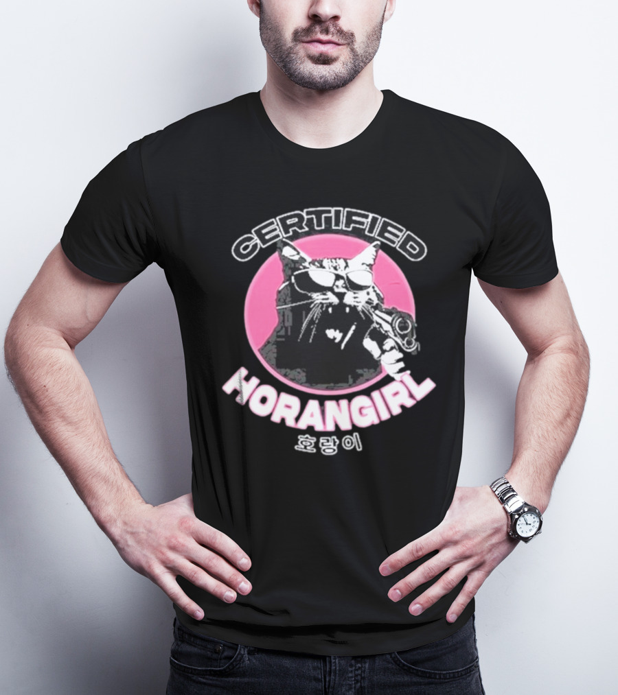 Certified Horangirl 호랑이 Cat With Sunglasses And Toy Gun In Pink Circle T-Shirt