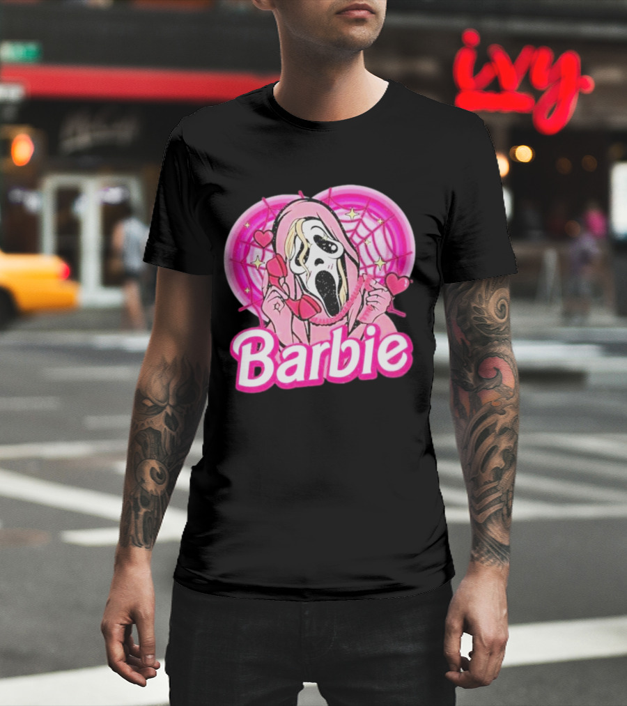 Barbie Horror Doll Ghost Face With Hearts And Pink Spiderwebs T-Shirt