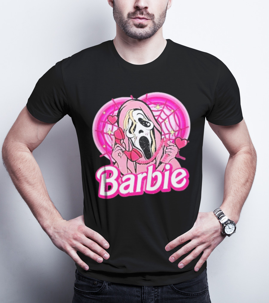 Barbie Horror Doll Ghost Face With Hearts And Pink Spiderwebs T-Shirt