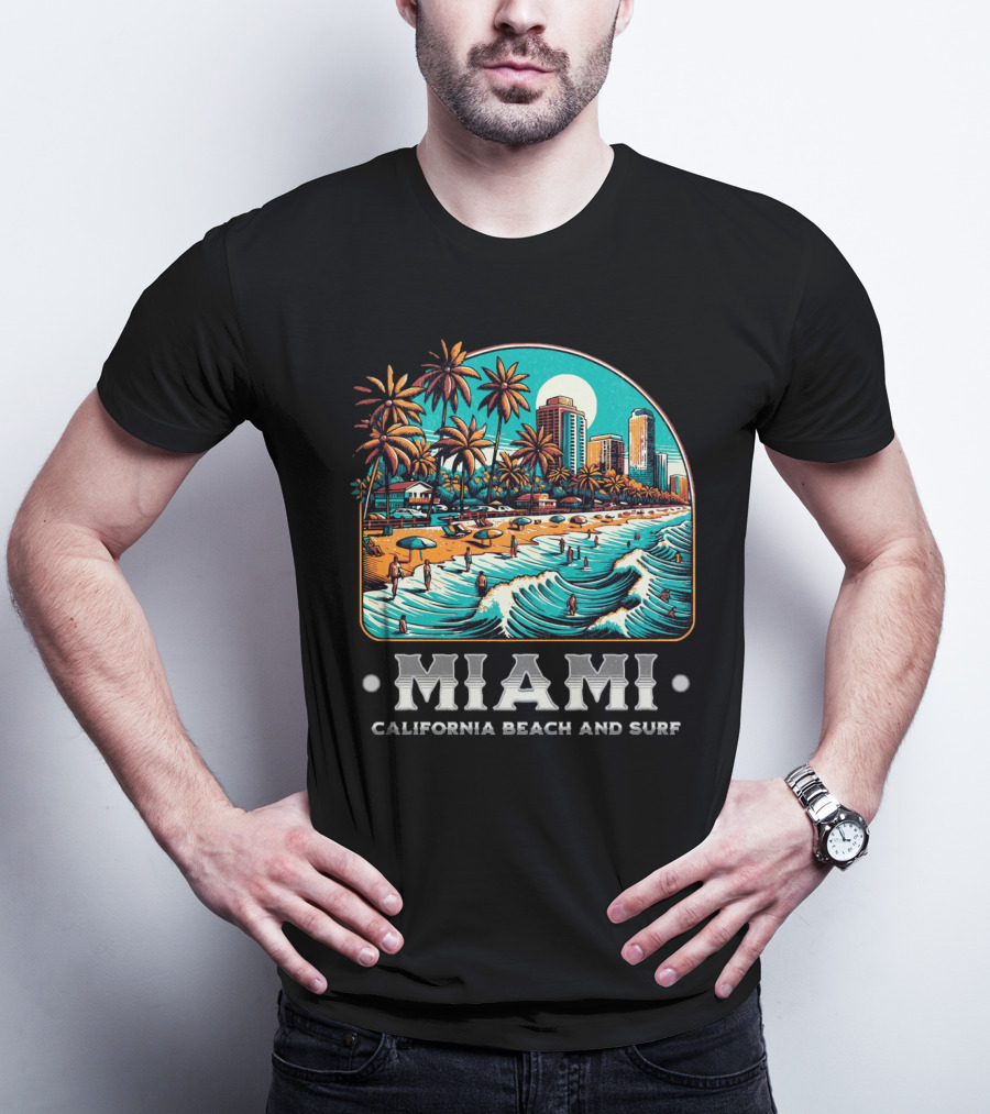 Miami California Beach And Surf Oceanfront Vibes With Palm Trees And Skyline T-Shirt