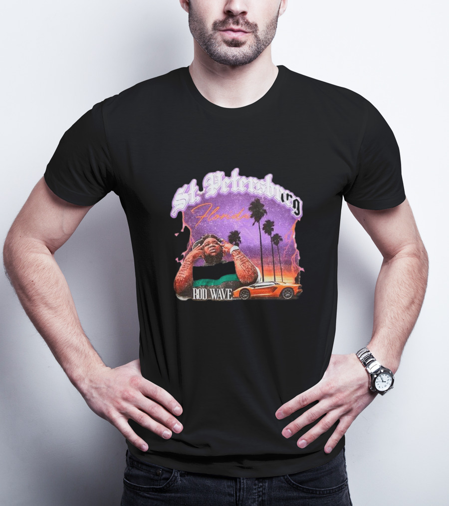St. Petersburg Florida Rod Wave Purple Sunset Orange Car Palm Trees T-Shirt