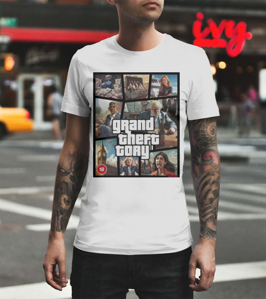 Grand Theft Tory GTA Big Ben Crime Drama 18+ Rating T-Shirt