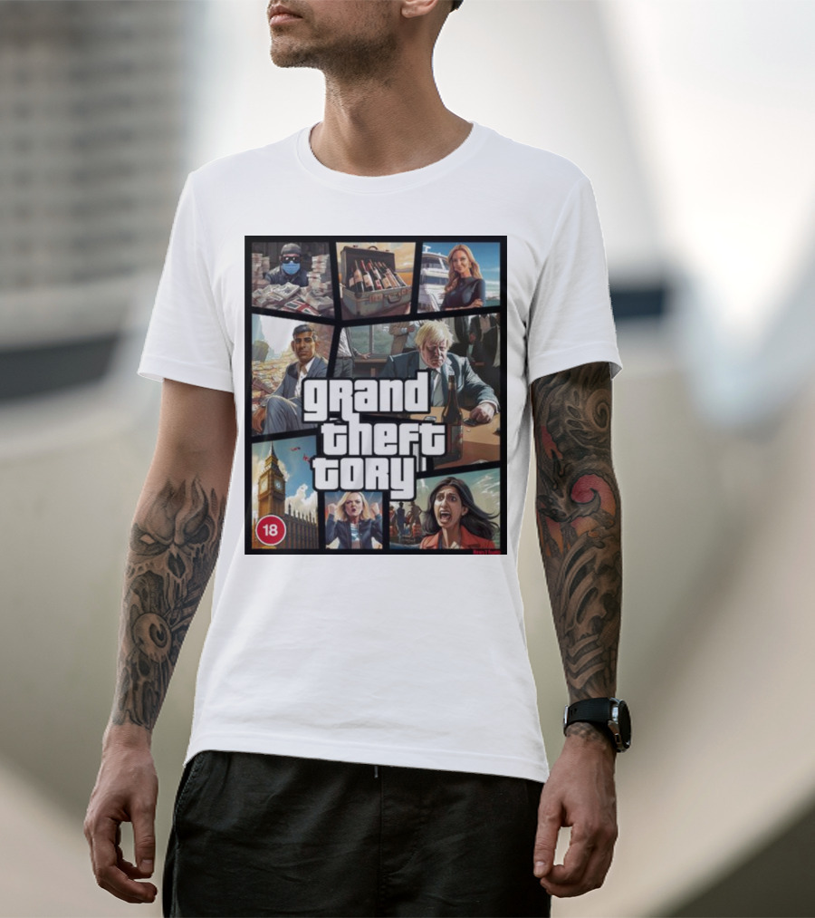 Grand Theft Tory GTA Big Ben Crime Drama 18+ Rating T-Shirt