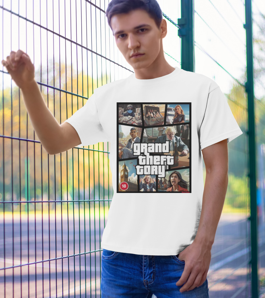 Grand Theft Tory GTA Big Ben Crime Drama 18+ Rating T-Shirt