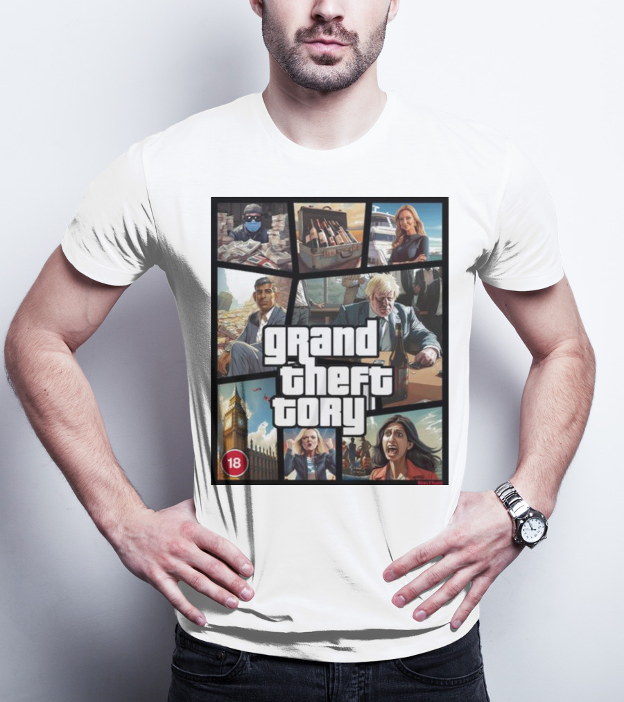 Grand Theft Tory GTA Big Ben Crime Drama 18+ Rating T-Shirt
