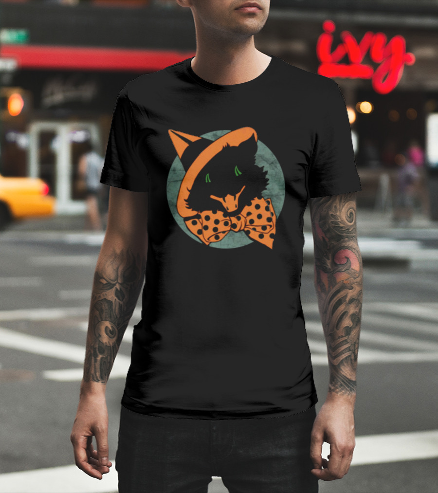Vintage Halloween Black Cat Witch Hat Polka Dot Bowtie T-Shirt