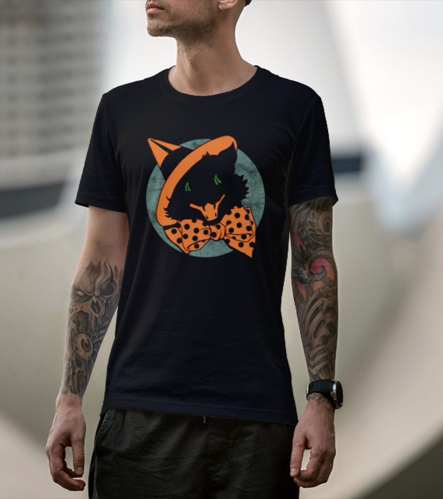 Vintage Halloween Black Cat Witch Hat Polka Dot Bowtie T-Shirt