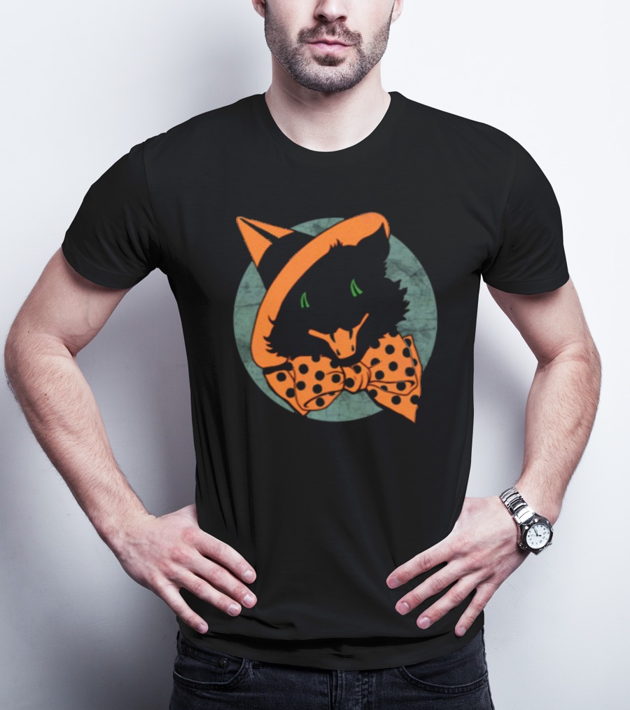 Vintage Halloween Black Cat Witch Hat Polka Dot Bowtie T-Shirt