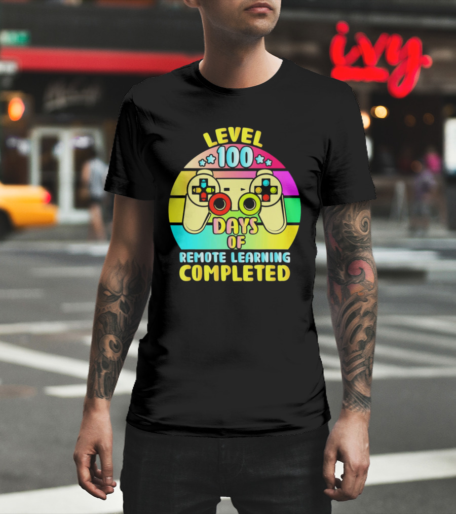 Level 100 Remote Learning Completed Vintage Gaming Controller Retro Rainbow T-Shirt