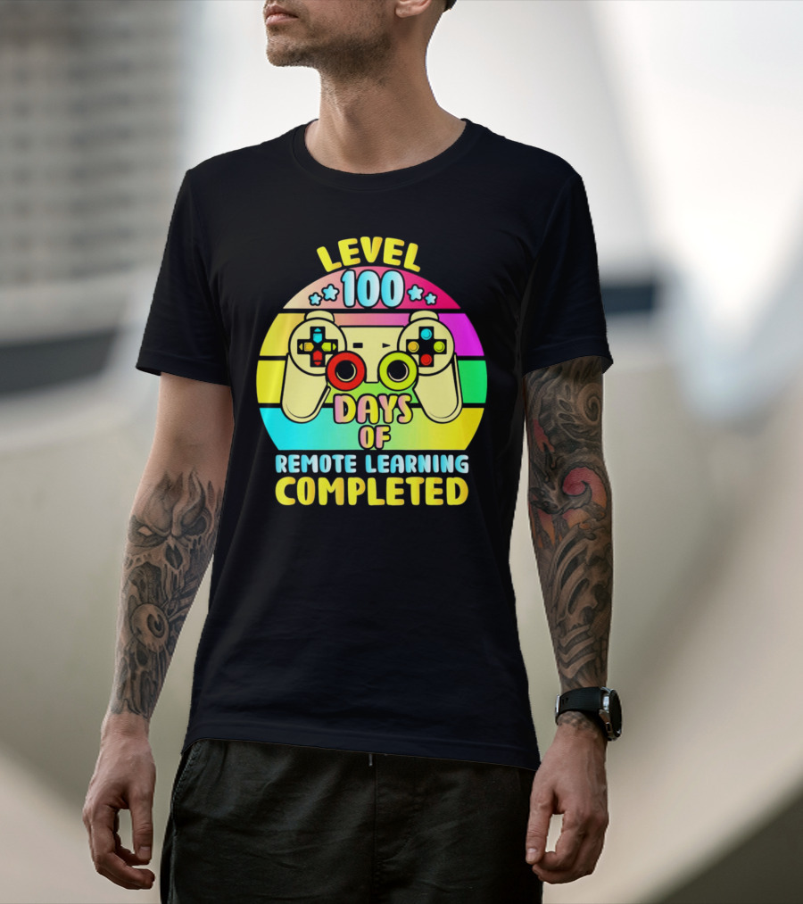 Level 100 Remote Learning Completed Vintage Gaming Controller Retro Rainbow T-Shirt