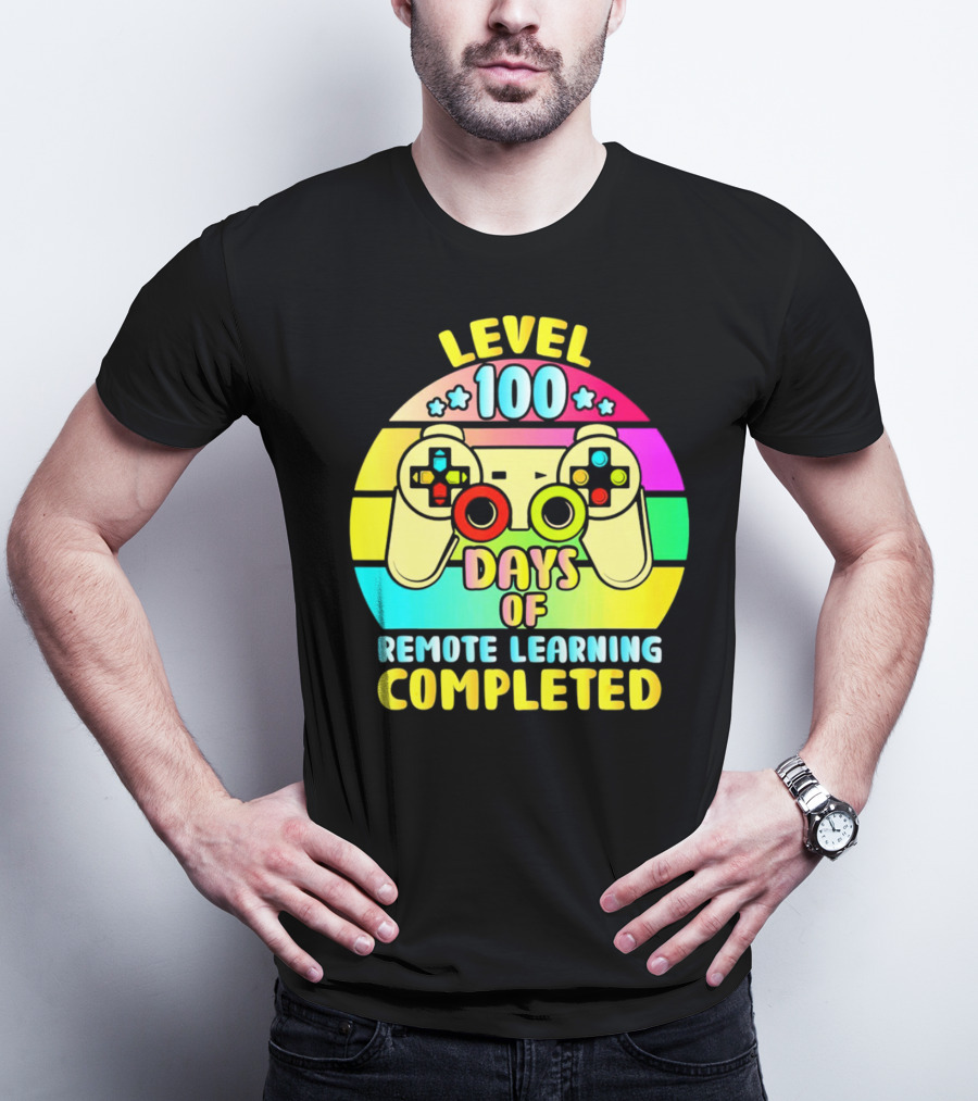 Level 100 Remote Learning Completed Vintage Gaming Controller Retro Rainbow T-Shirt