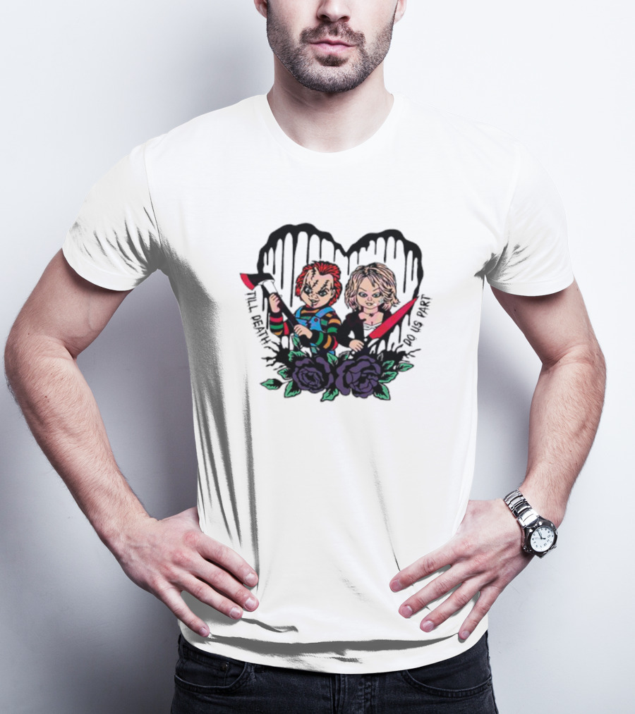 Chucky And Tiffany Till Death Do Us Part Horror Heart Roses T-Shirt