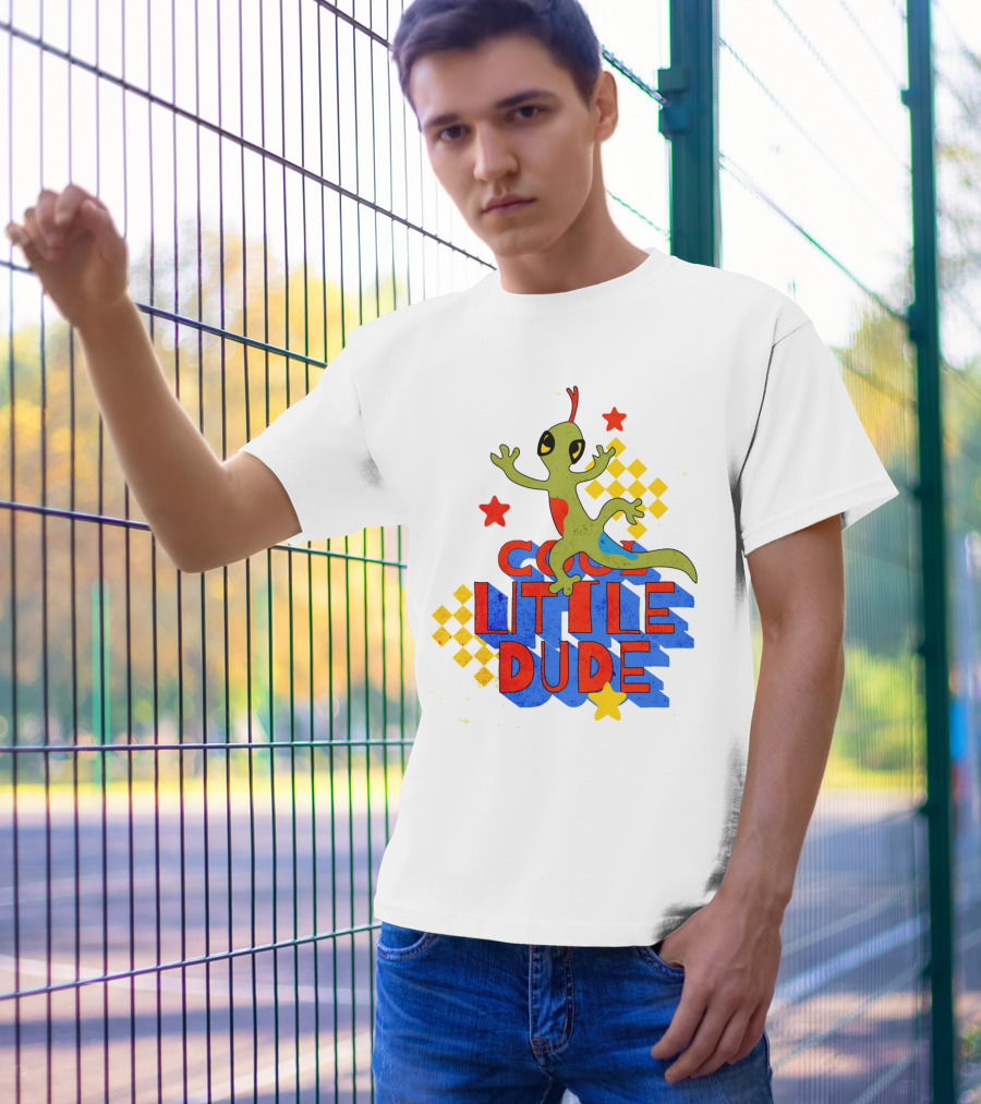 Cool Little Dude Lizard With Stars And Checkerboard T-Shirt