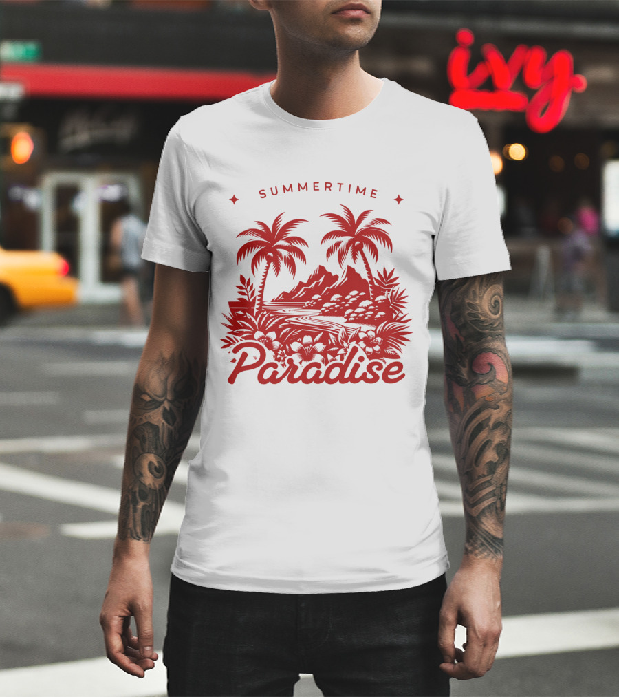 Summertime Paradise Palm Trees And Mountains Landscape T-Shirt