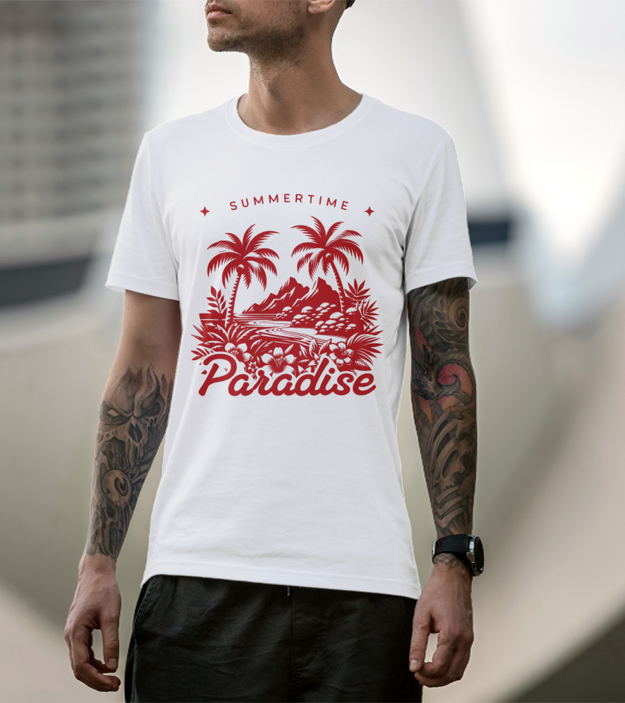 Summertime Paradise Palm Trees And Mountains Landscape T-Shirt