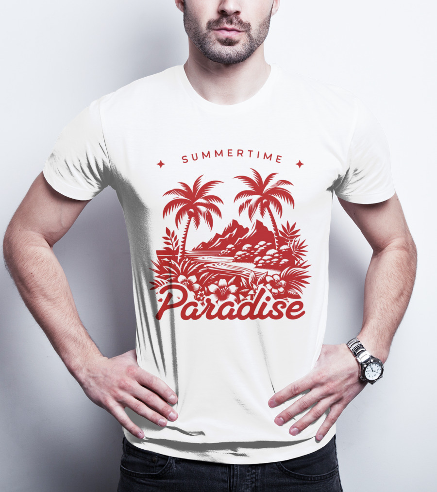 Summertime Paradise Palm Trees And Mountains Landscape T-Shirt