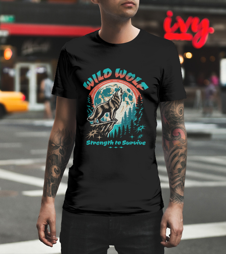 WILD WOLF Strength To Survive Full Moon Forest Scene T-Shirt
