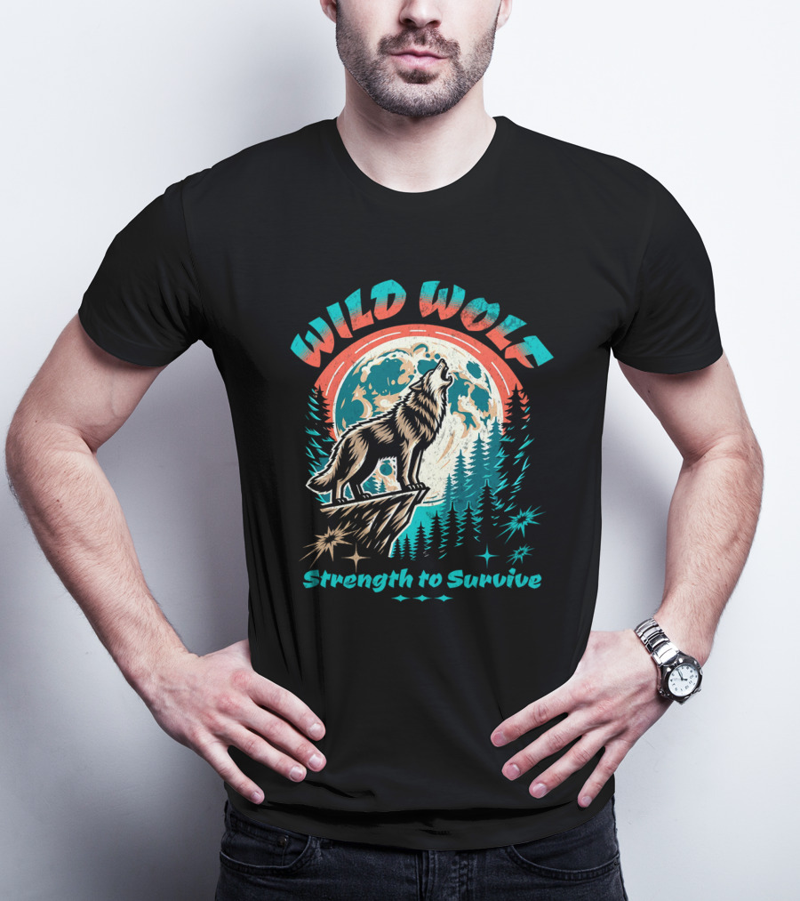 WILD WOLF Strength To Survive Full Moon Forest Scene T-Shirt
