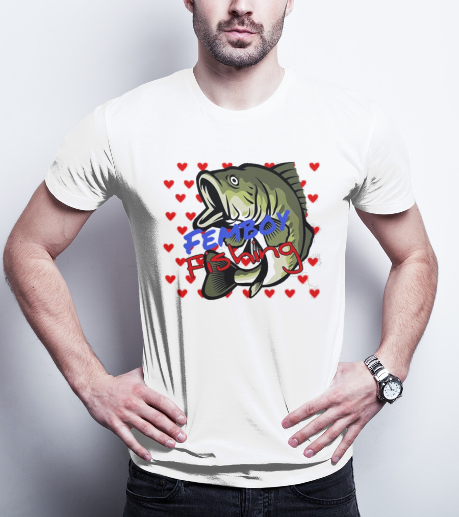 Femboy Fishing With Heart Pattern And Big Mouth Bass T-Shirt