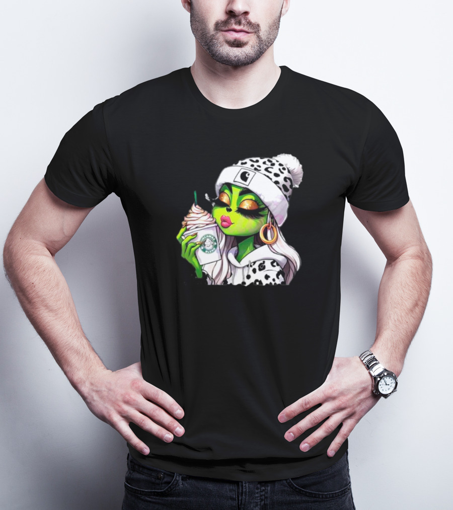 Grinchmas Blend Leopard Girl With Winter Leopard Beanie And Coffee Cup T-Shirt