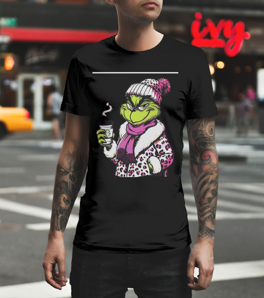 Grinchy And Bougie In Pink Leopard With Coffee Cup T-Shirt