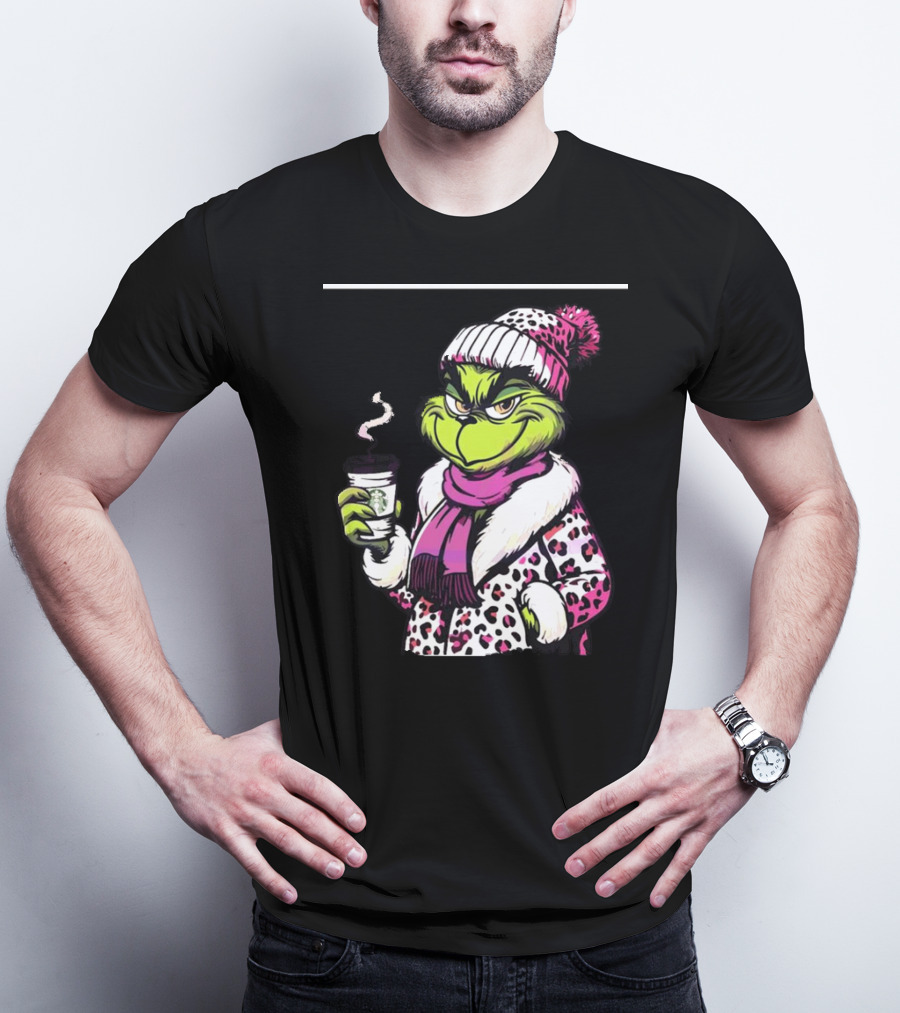 Grinchy And Bougie In Pink Leopard With Coffee Cup T-Shirt