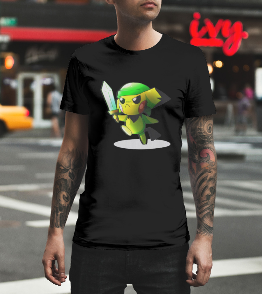 Pikachu Dressed As Link From The Legend Of Zelda With Sword In Hand T-Shirt