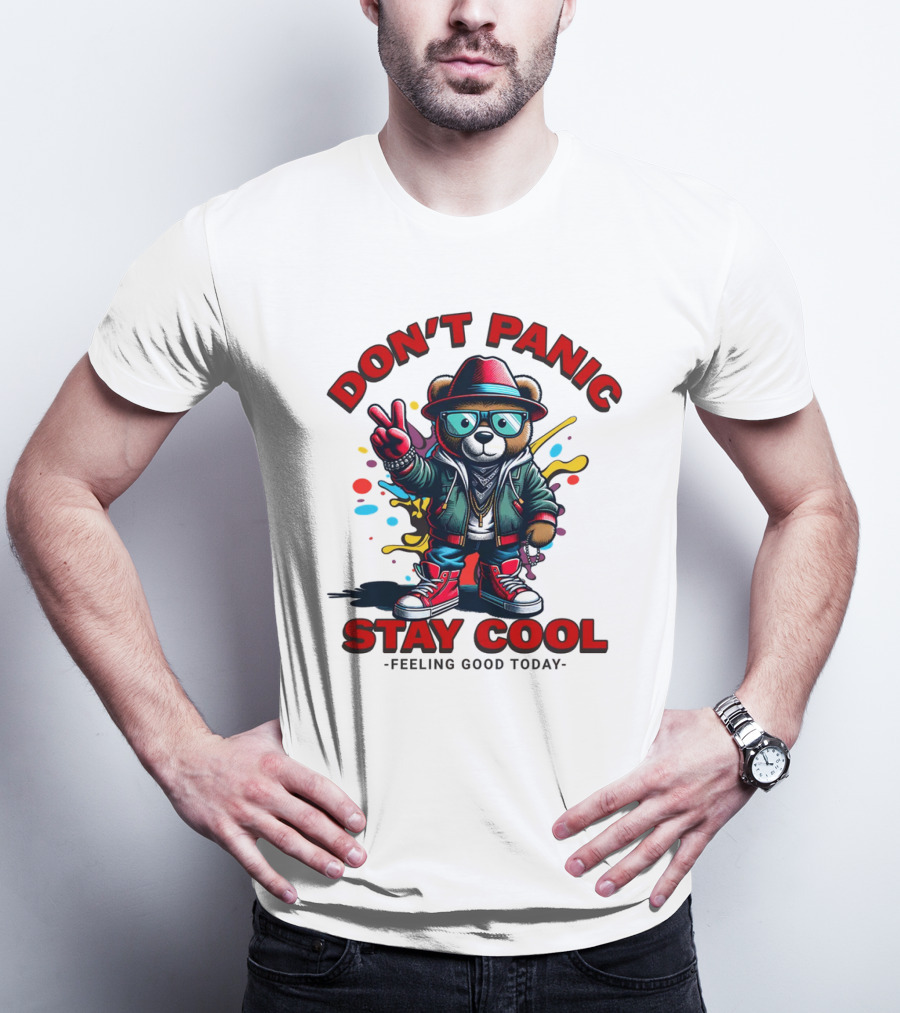 Don't Panic Stay Cool Feeling Good Today Bear With Peace Sign T-Shirt