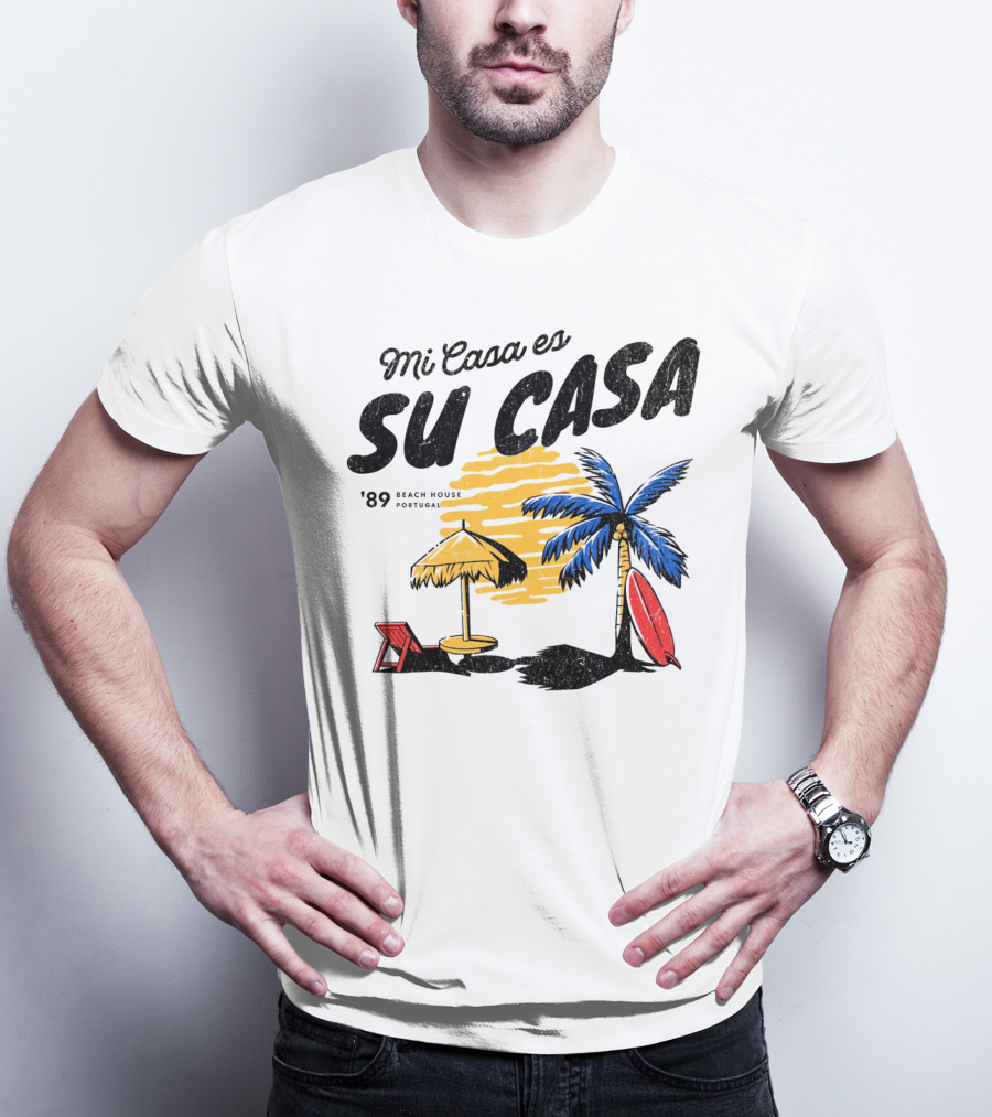 Mi Casa Es Su Casa '89 Beach House Portugal Palm Tree Umbrella Chair Surfboard T-Shirt
