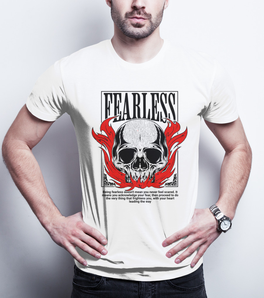 FEARLESS Skull With Red Flames Street Wear T-Shirt