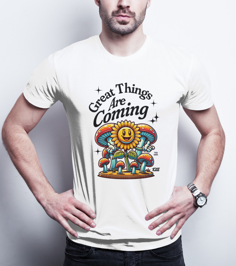 Great Things Are Coming Sunflower With Colorful Mushrooms And Stars T-Shirt