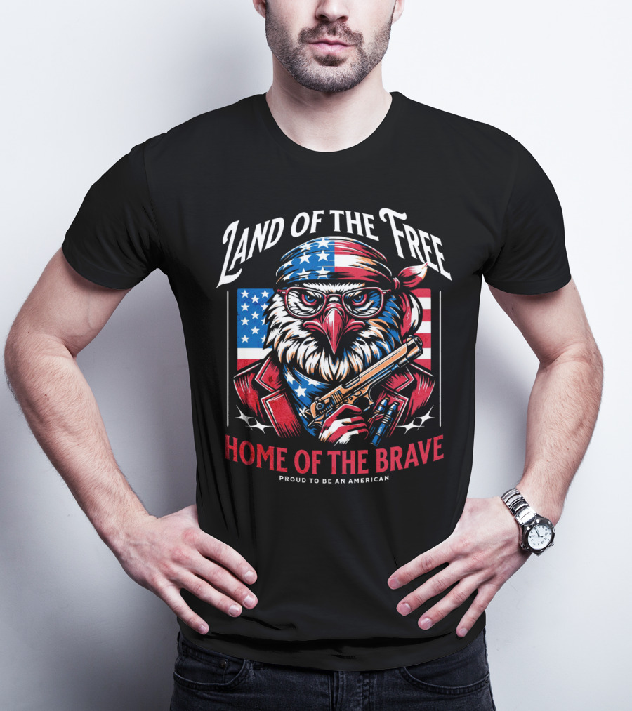 Land Of The Free Home Of The Brave Proud To Be An American Eagle With Bandana And Gun T-Shirt