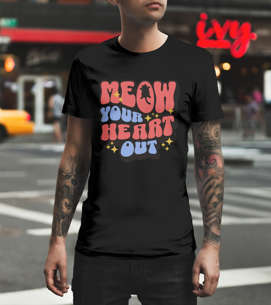 MEOW YOUR HEART OUT Retro Cat Stars T-Shirt