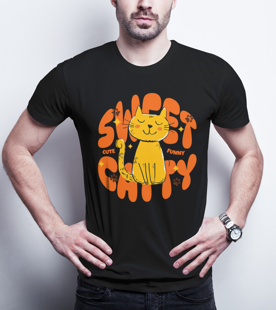 Cute Funny Sweet Cat Happy Yellow Cat With Paw Prints T-Shirt